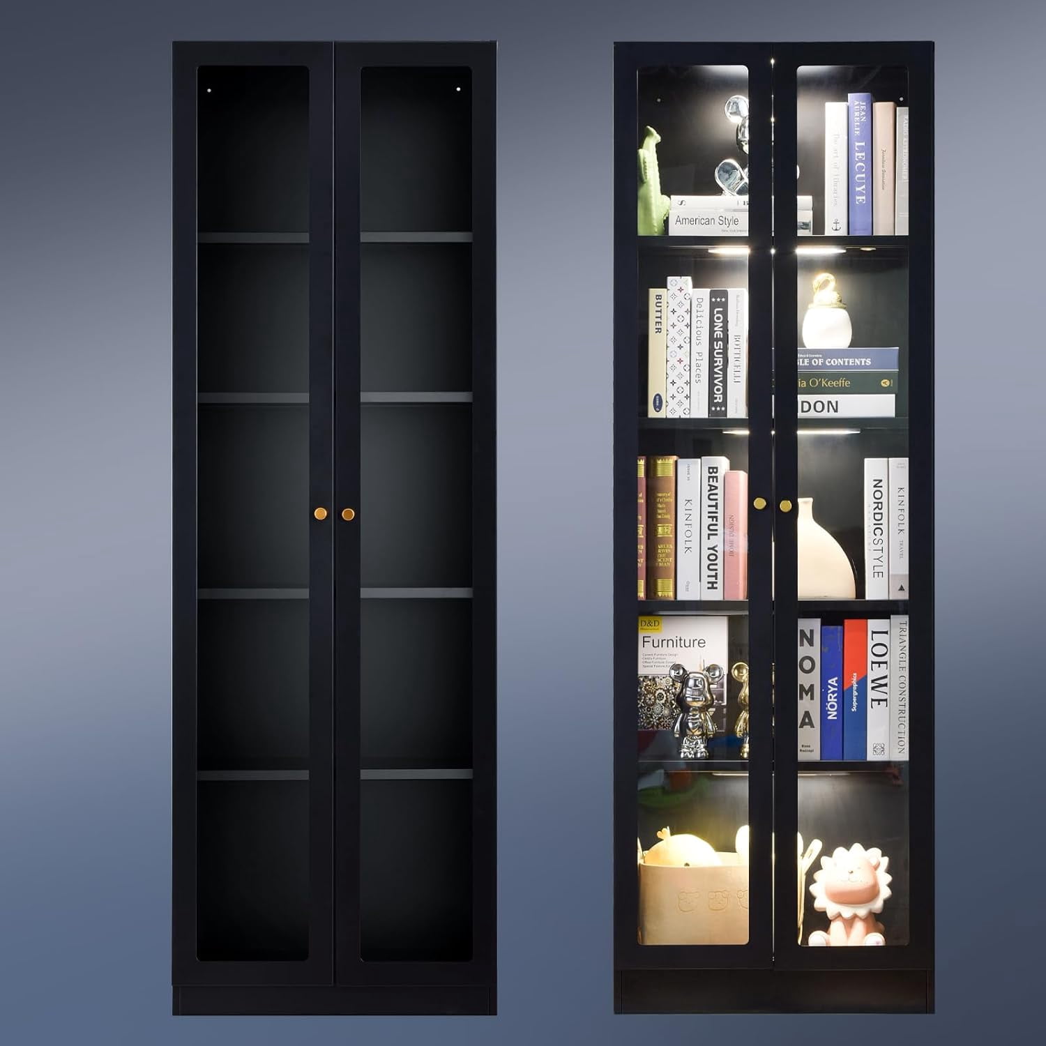 5 Tier Metal Curio Cabinets, 71" Tall Modern Bookshelf Cabinet with 4 ...