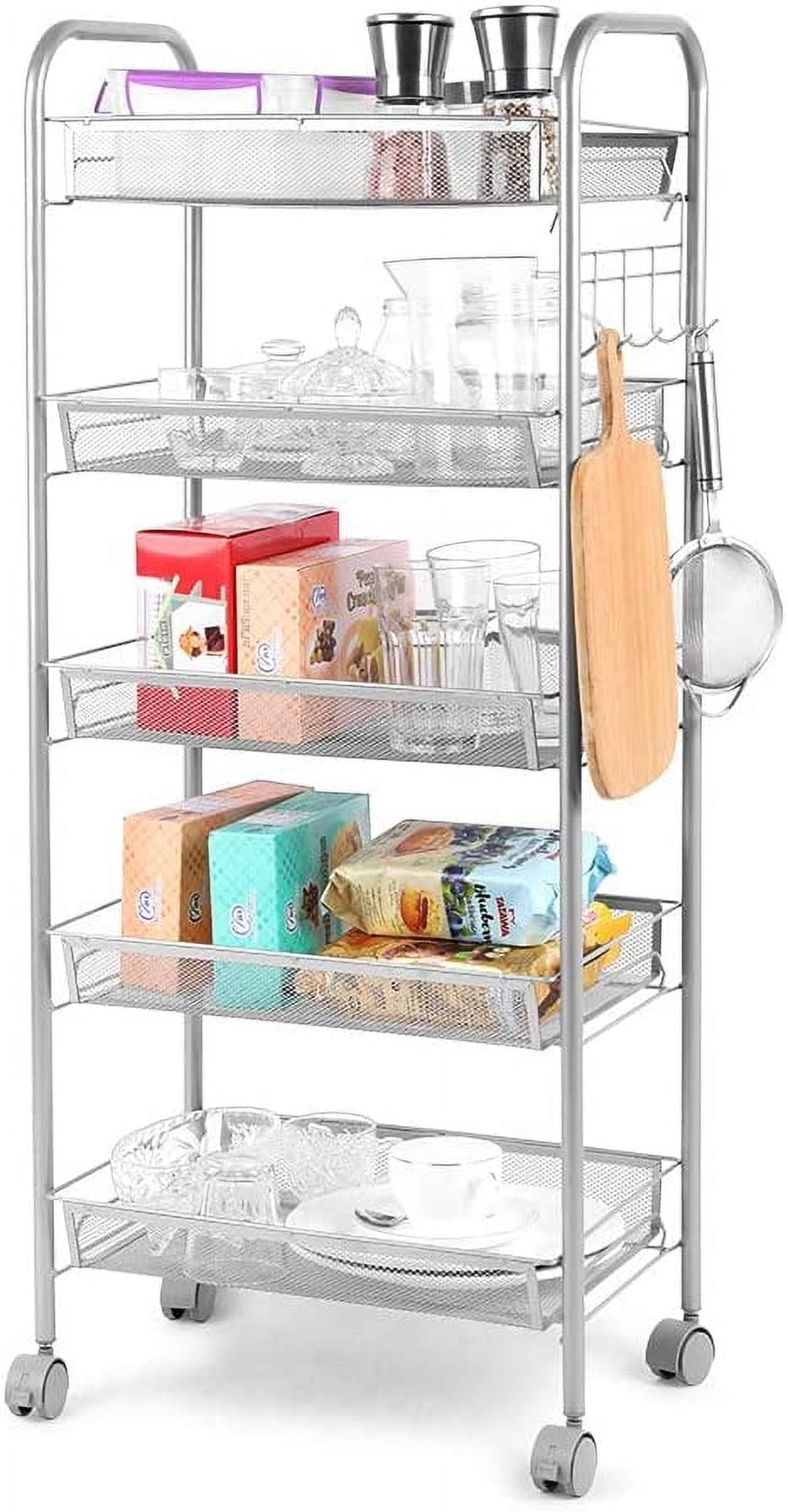 5-Tier Metal Mesh Rolling Cart, Kitchen Rolling Utility Cart Trolley ...