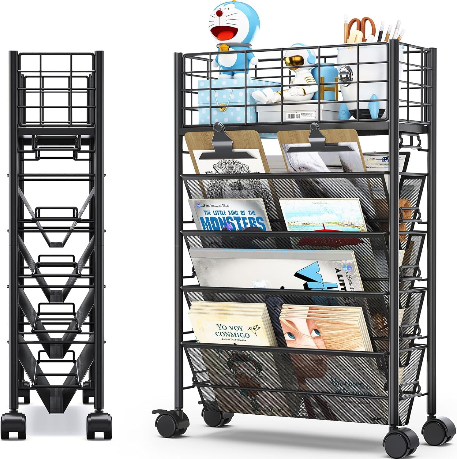 5 Tier Metal Rolling Book Cart, Movable Book Rack Storage Bookshelf ...