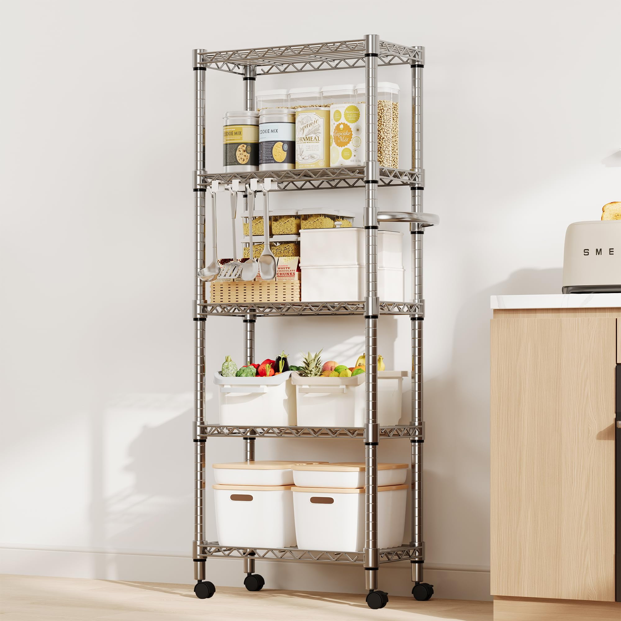 5-Tier Metal Shelving Unit, 61" Adjustable Rolling Storage Shelves with ...