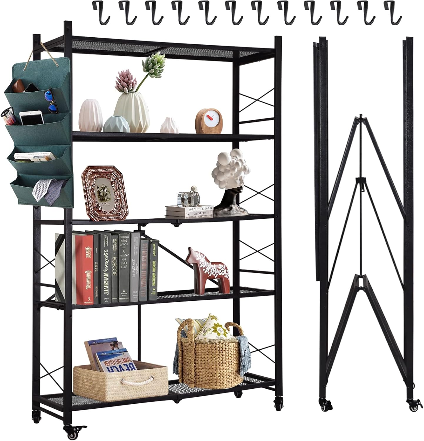 5-Tier Metal Shelving with Wheels and 12 Hook, Rolling Storage Shelves ...