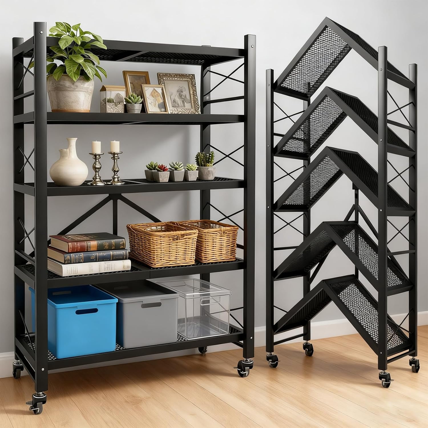 5-Tier Metal Shelving with Wheels and Hooks - Holds up to 1250 lbs ...