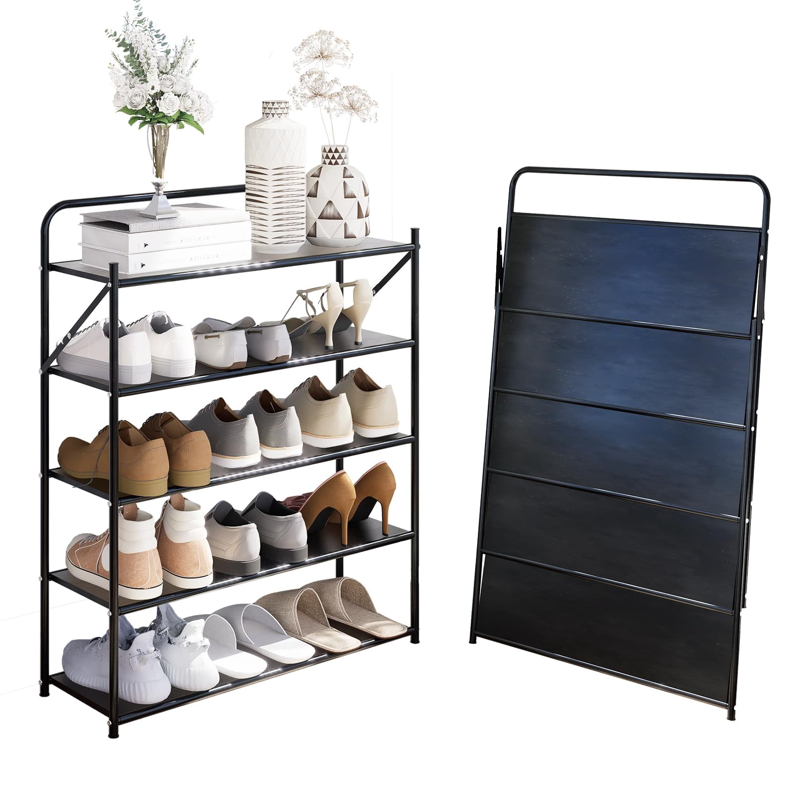 5 Tier Metal Shoe Rack, Foldable No-Assembly Organizer for Closet ...