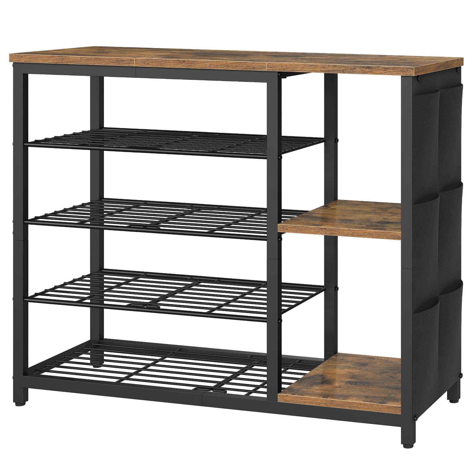 5-Tier Metal Shoe Storage Rack With Side Oxford Pocket, Rustic Brown ...
