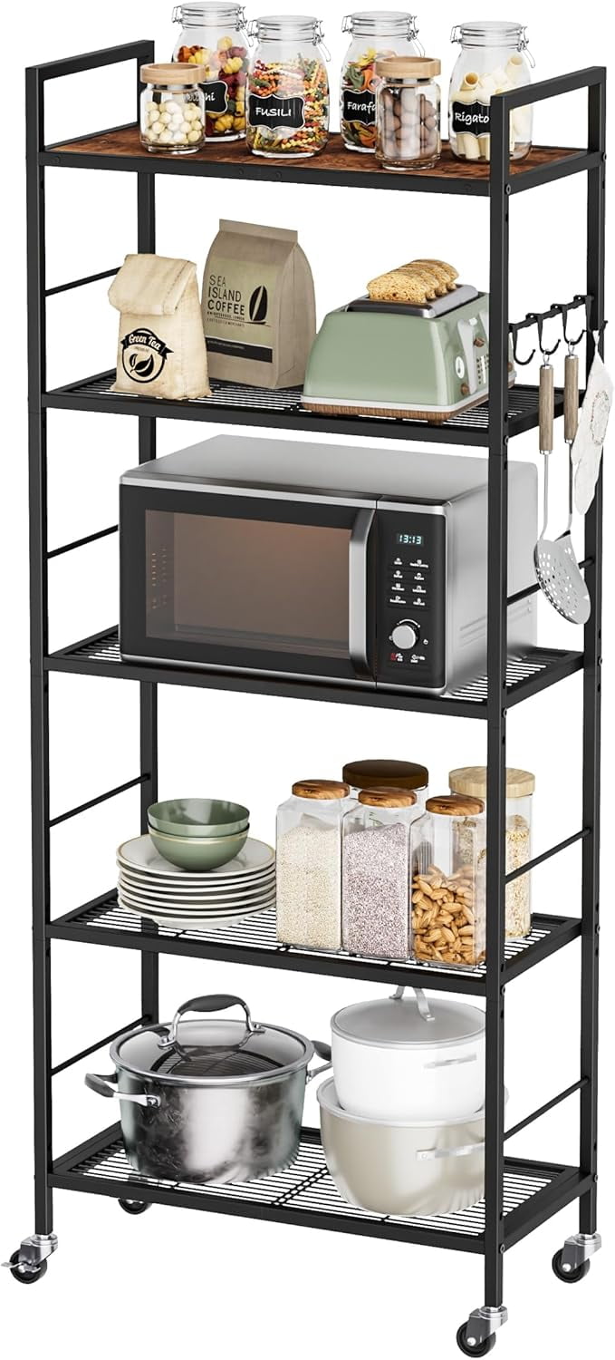 5-Tier Metal Storage Rack with Industrial Wheels,Mesh Shelving Unit ...
