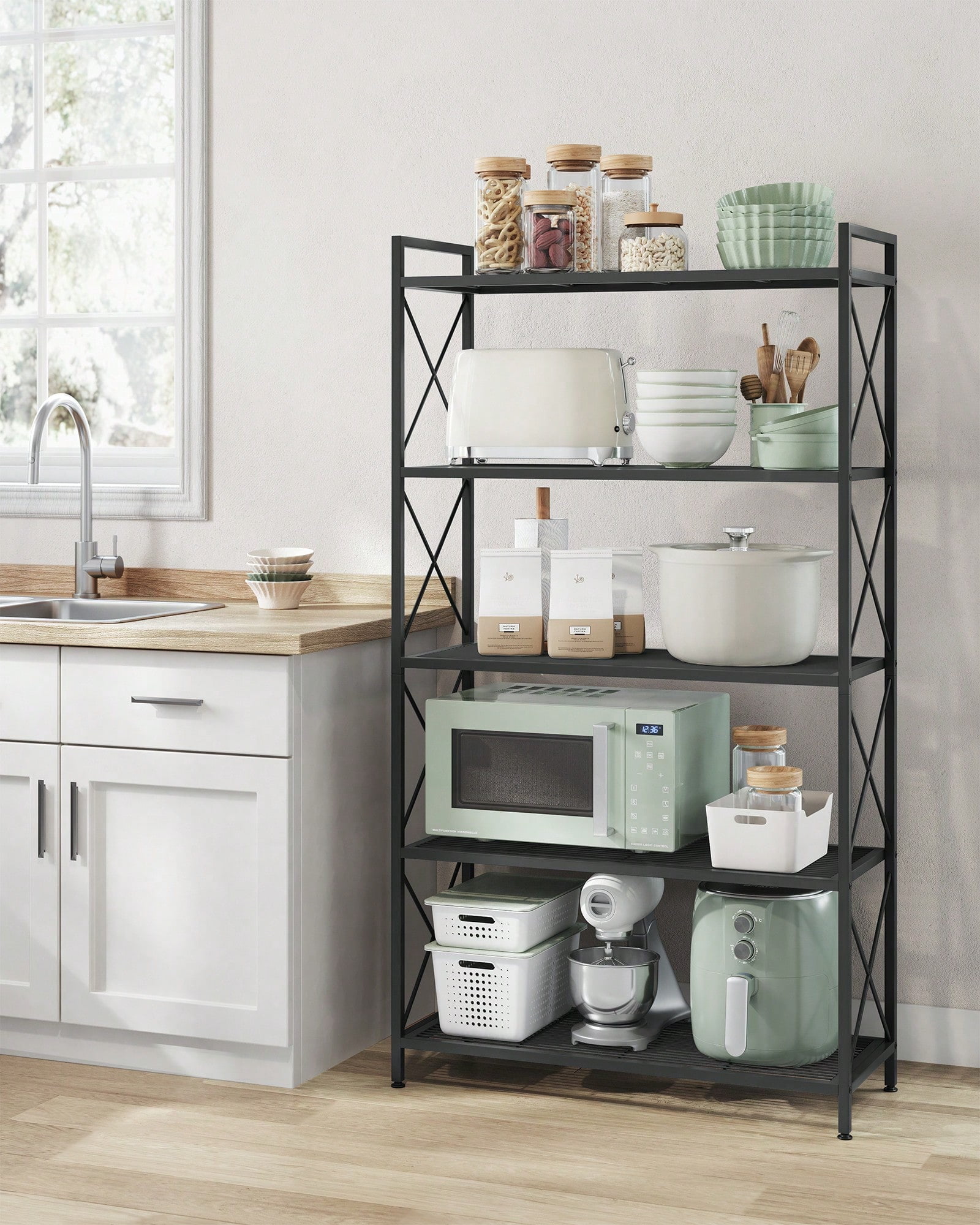 5-Tier Metal Storage Rack, Shelving Unit With X Side Frames, Dense Mesh ...