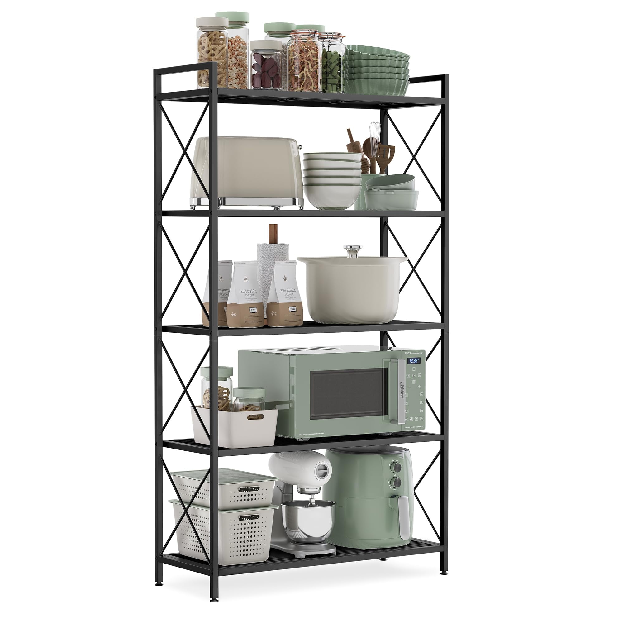 5-Tier Metal Storage Rack, Shelving Unit with X Side Frames, Dense Mesh, 12.6 x 31.5 x 57.3 ...
