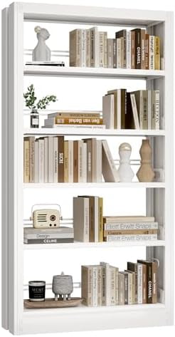 5-Tier Metal White Bookshelf, 71" Tall Library Bookshelf, White ...
