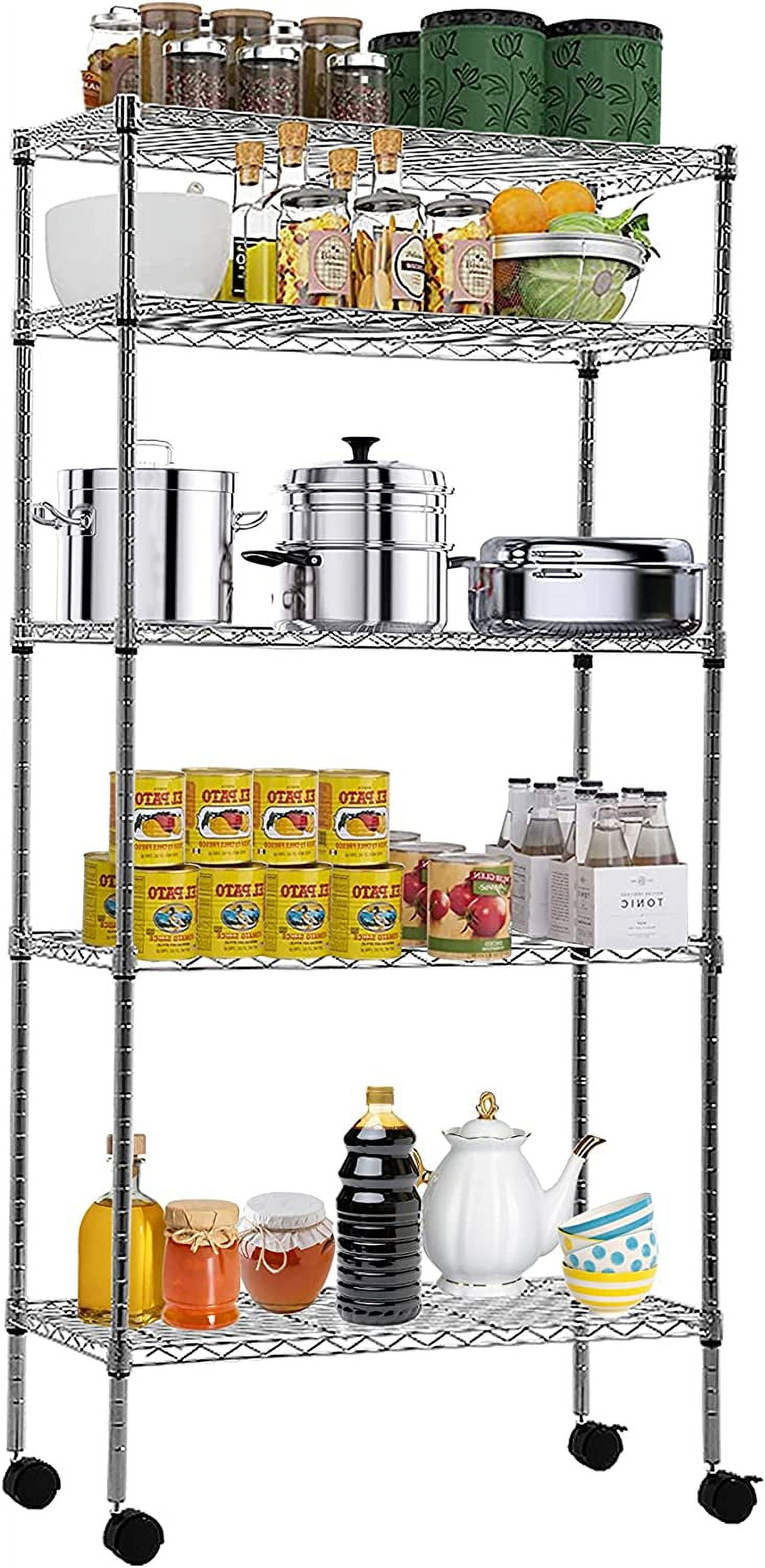 5-Tier Metal Wire Shelving Unit with Wheels Snack Shelf Height ...