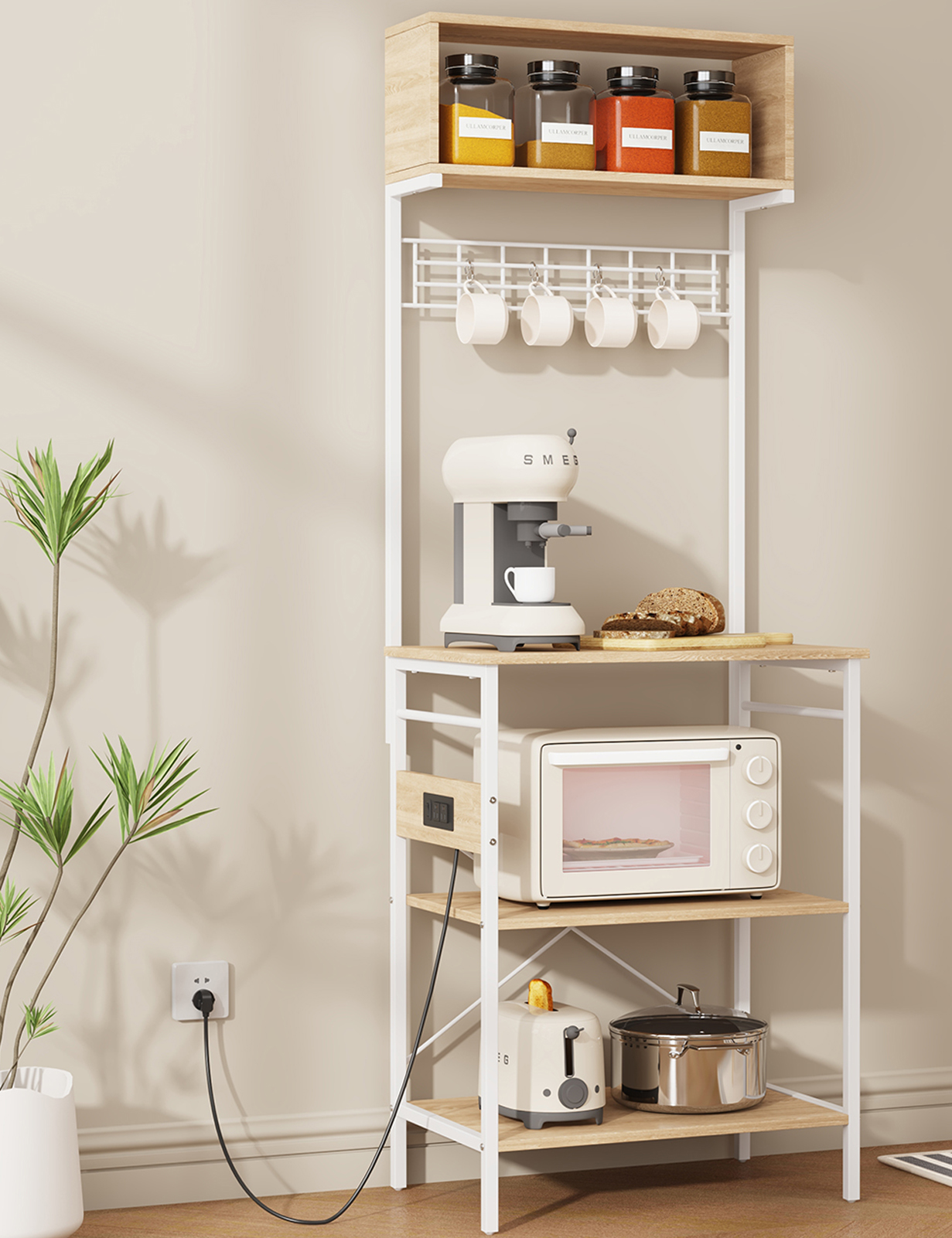 Walsunny Kitchen Bakers Rack with Power Outlet Shelves for Microwave with 10 Hooks and Metal ...