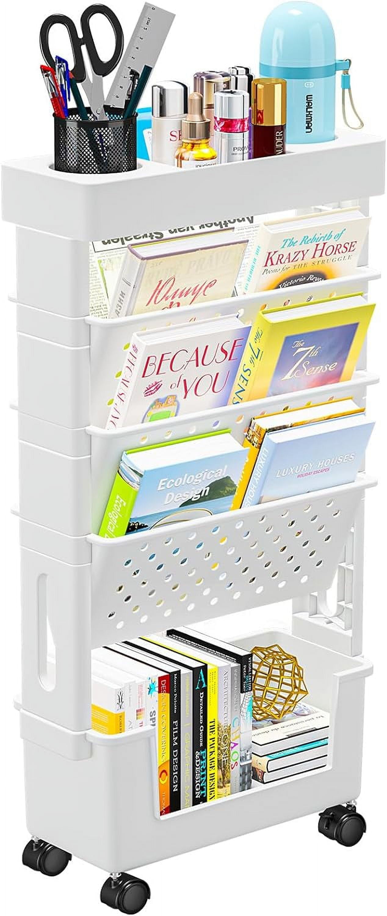 5-Tier Mobile Book Rack, White, Metal & Plastic Frame, Rubber Wheels ...