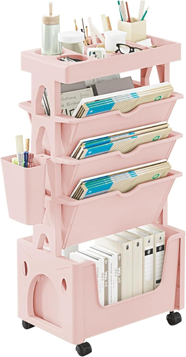 5 Tier Mobile Bookshelf Cart, Removable Movable Bookcase, Rolling Cart ...