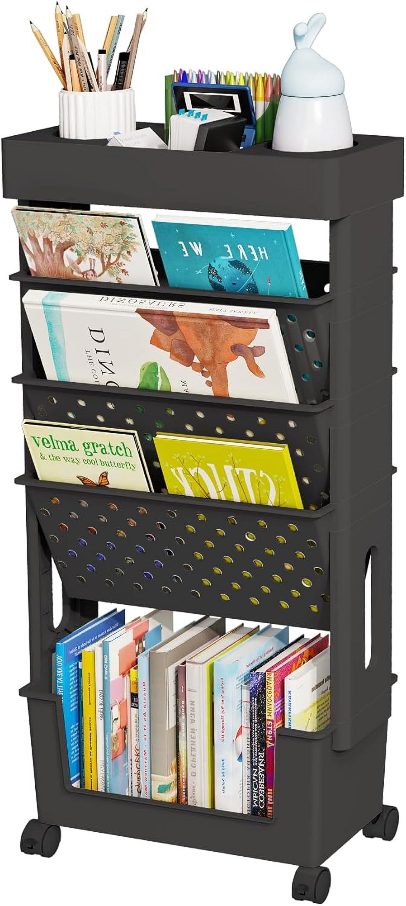 5-Tier Mobile Bookshelf, Rolling Bookcase Book Storage Rack, Movable ...