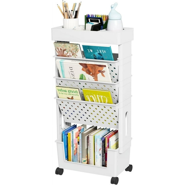 5-Tier Mobile Bookshelf, Rolling Bookcase Book Storage Rack, Movable ...