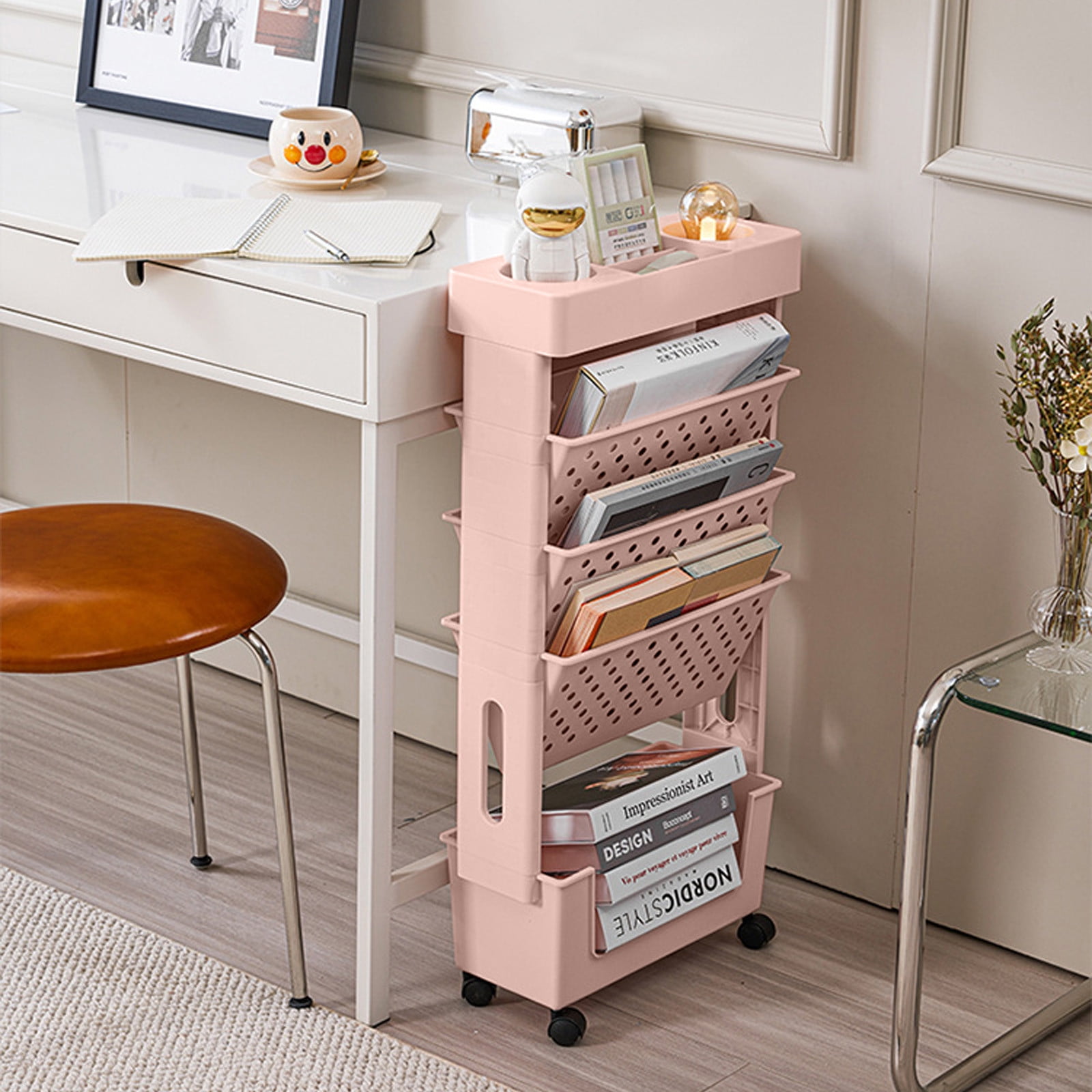 5-Tier Mobile Bookshelf, Rolling Bookcase Book Storage Rack, Movable ...