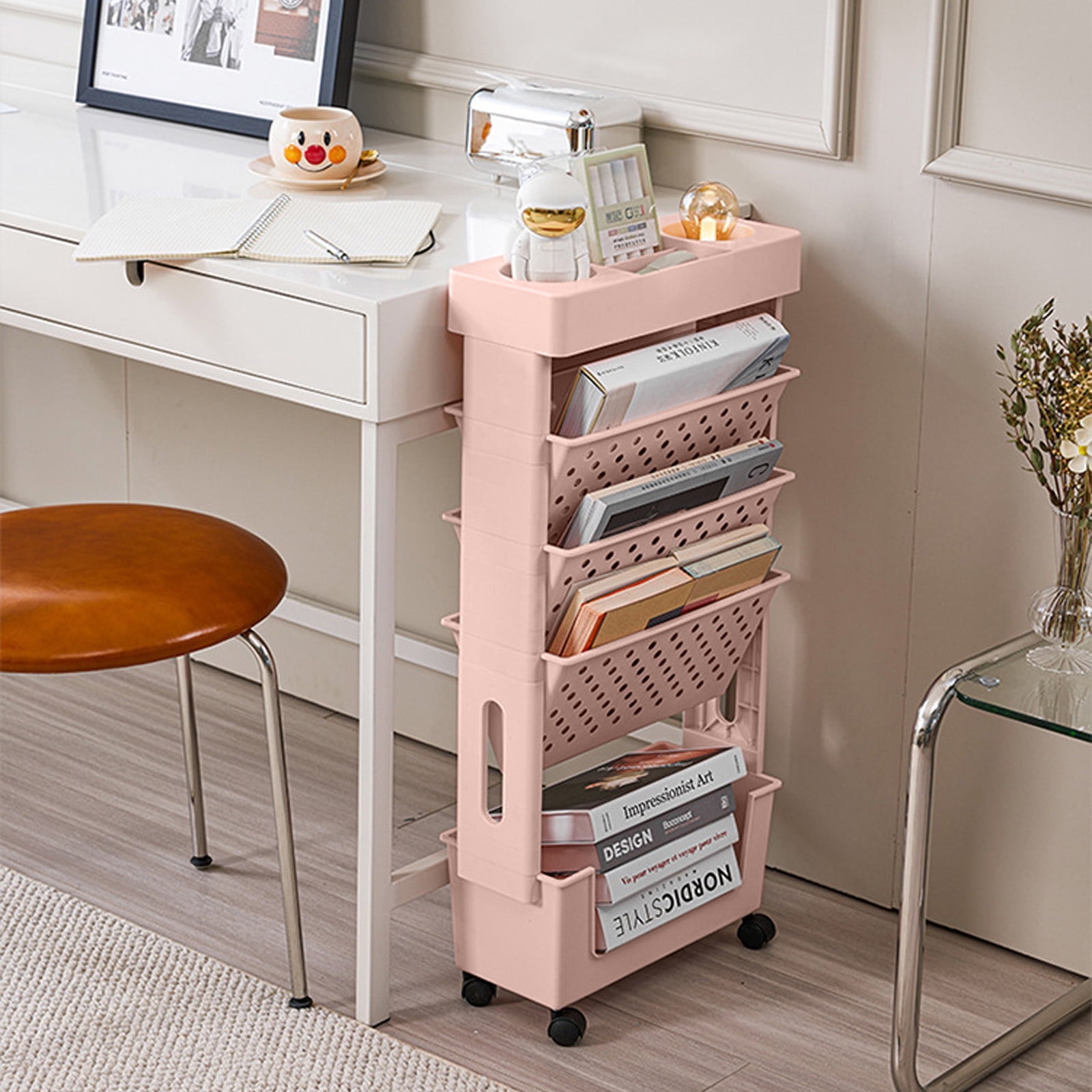 5-Tier Mobile Bookshelf, Rolling Bookcase Book Storage Rack, Rolling ...