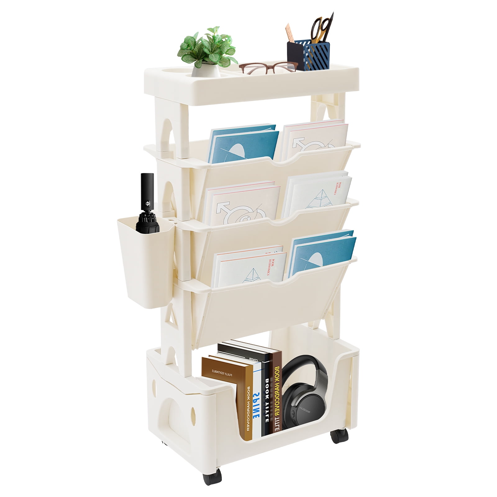 5 Tier Mobile Storage Bookshelf Portable 5 Tier Book Rack Storage ...