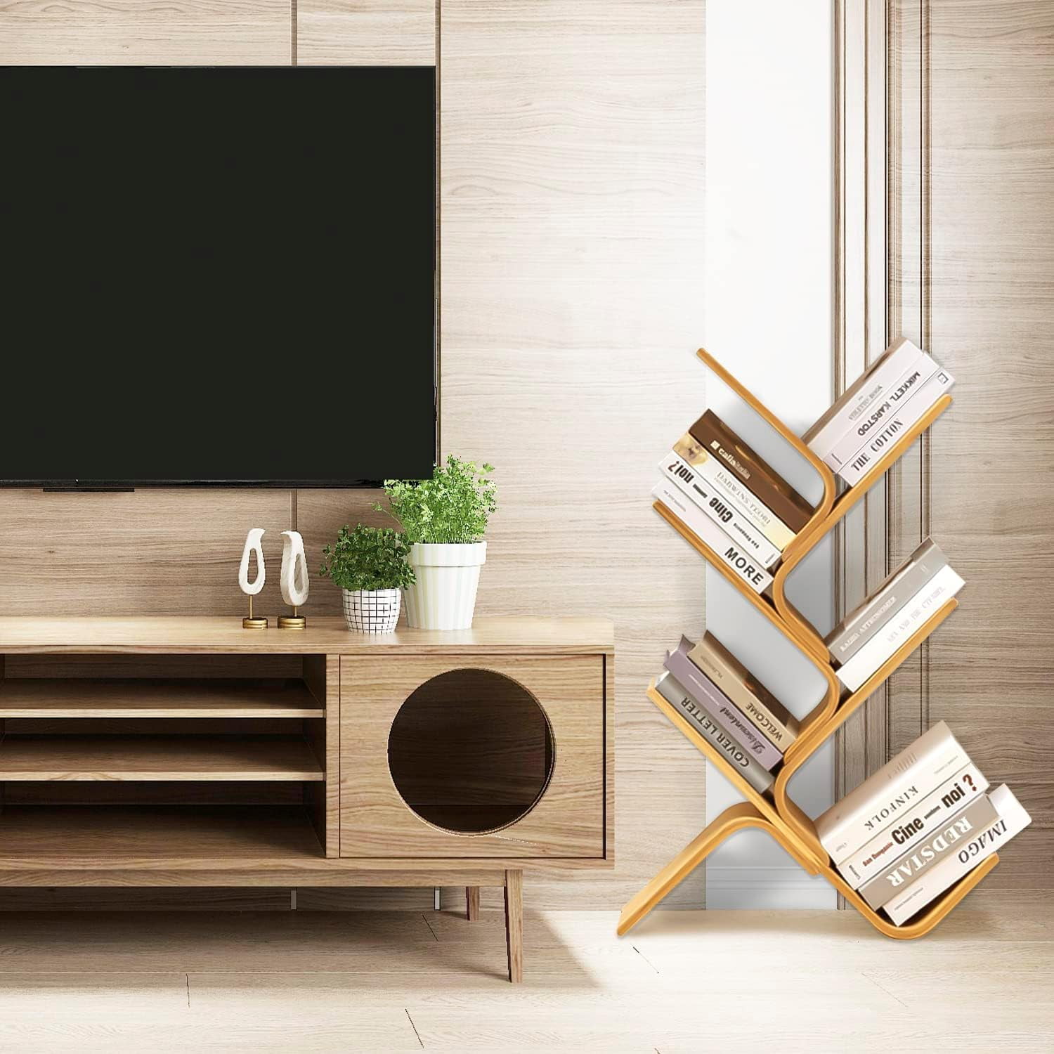 5-Tier Modern Bamboo Tree Bookshelf for Home, Creative Curved Corner ...
