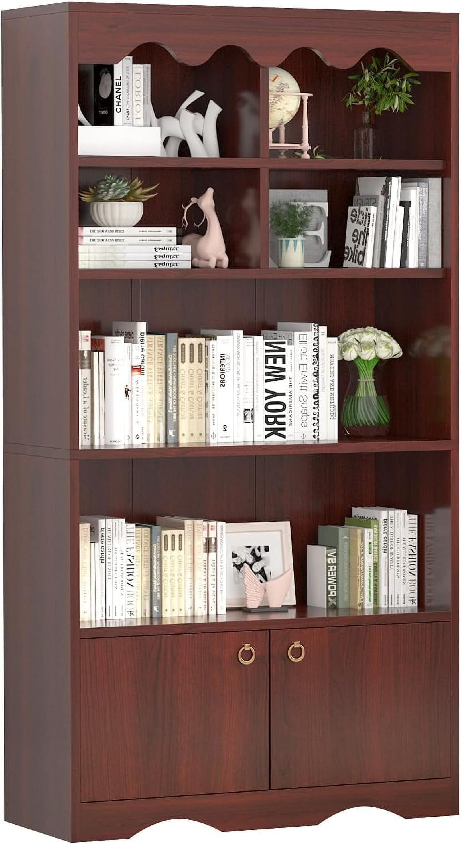 5 Tier Modern Bookcase with Doors, Brown Wood Bookcase Storage ...
