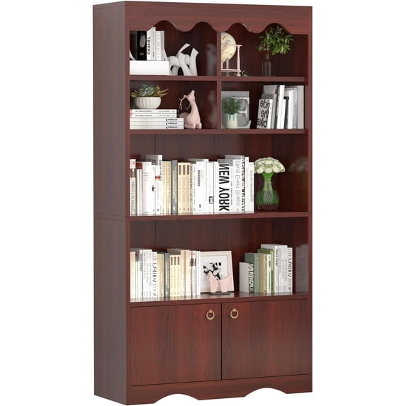 5 Tier Modern Bookcase with Doors, Brown Wood Bookcase Storage ...