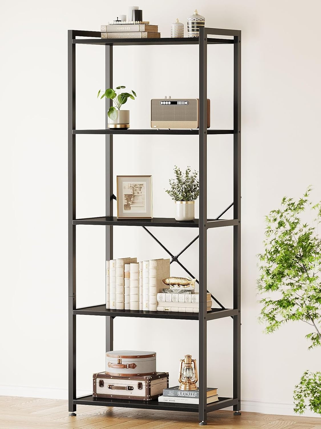 "5 Tier Modern Industrial Bookcase - Wood Standing Shelving Unit, Black ...