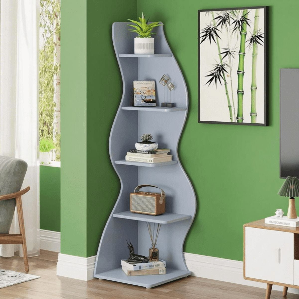 5-Tier Modern Shelving Unit - White Sea Grass Design, Adjustable ...