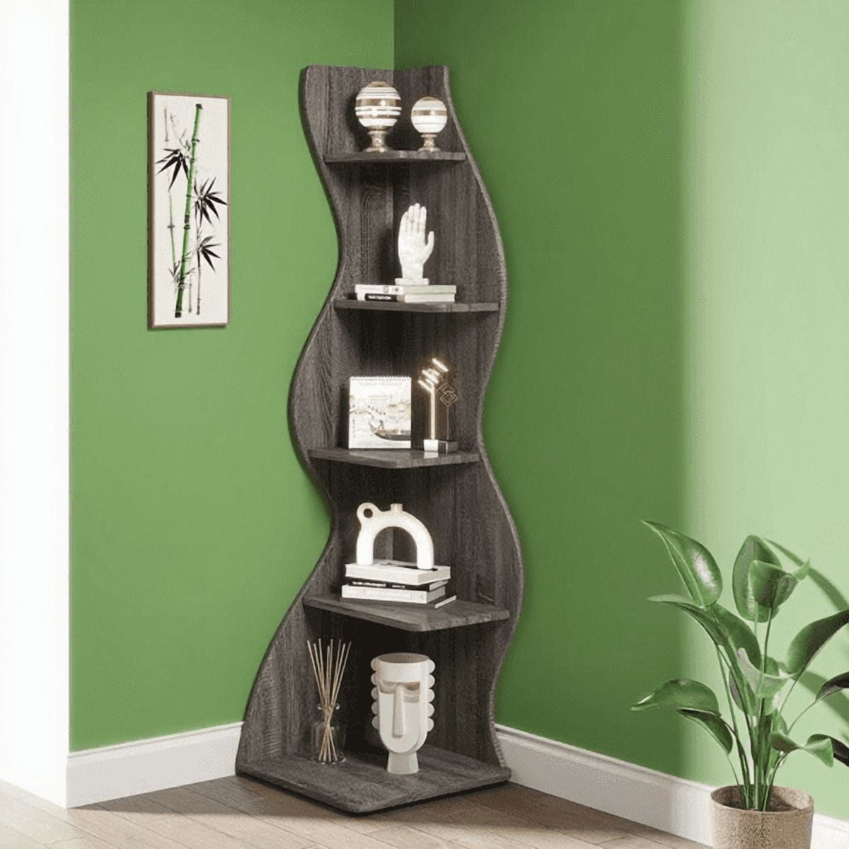 5-Tier Modern Shelving Unit White with Sea Grass Design, Adjustable ...