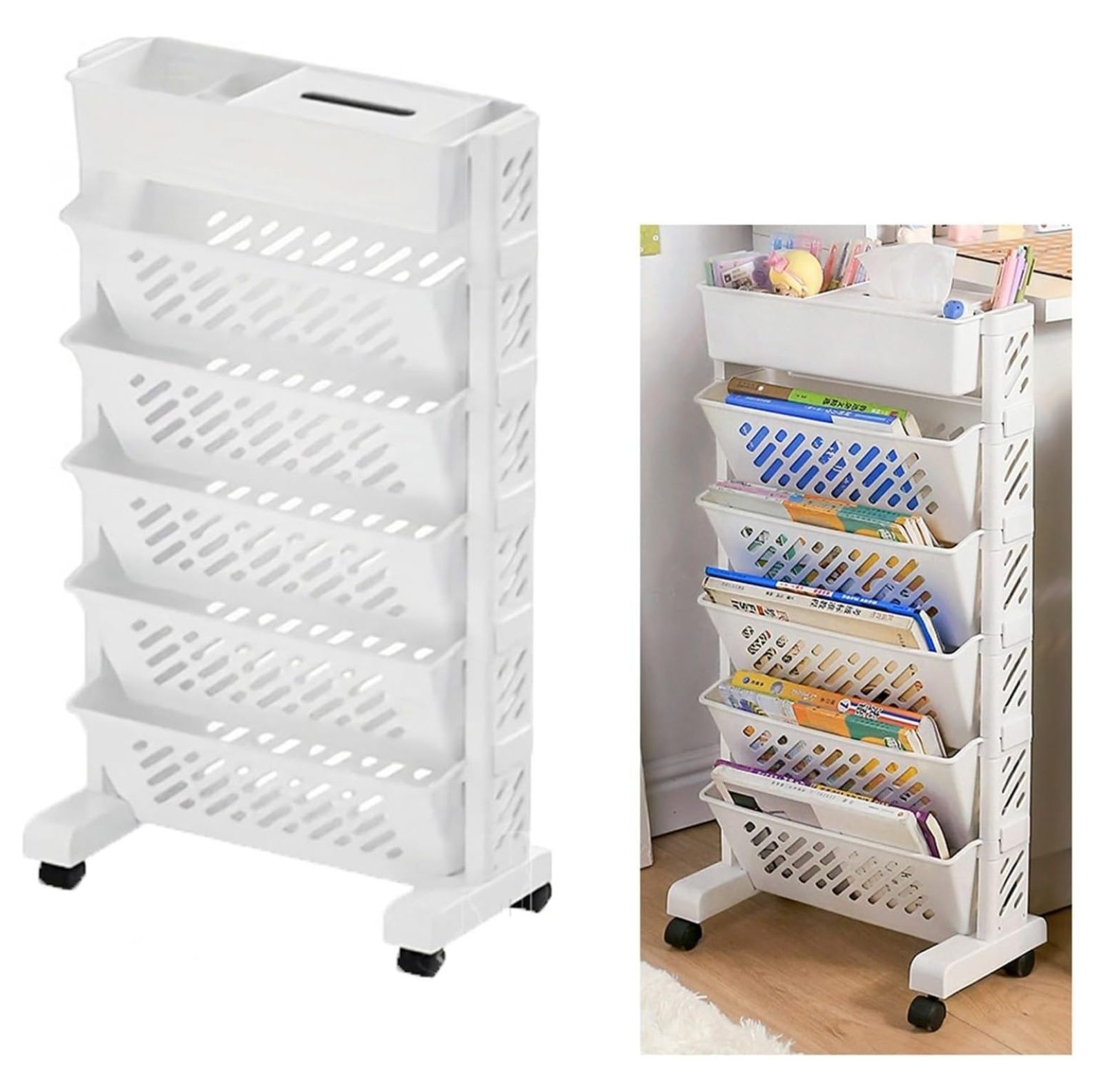 5-Tier Movable Bookshelf Cart, Plastic Rolling Utility Cart ...