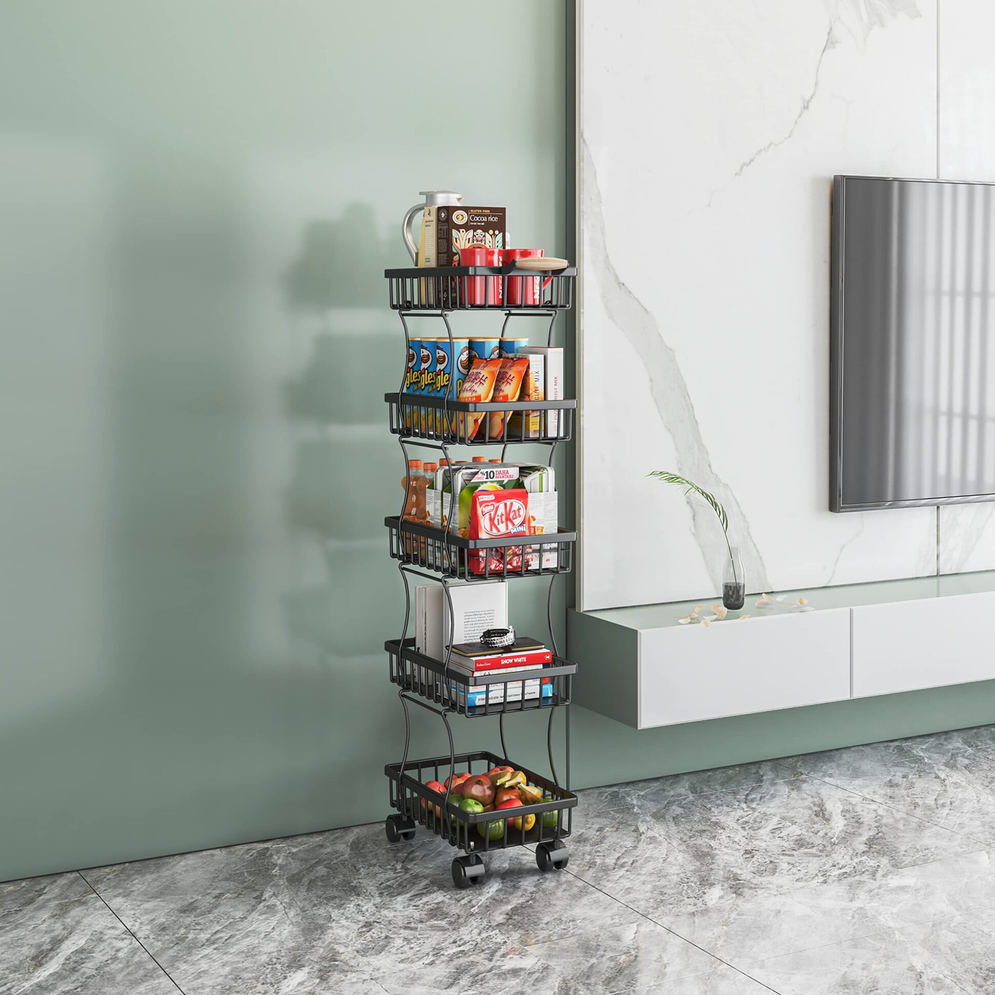 5 Tier Rolling Fruit & Vegetable Stand, Multi-Functional Steel Storage ...