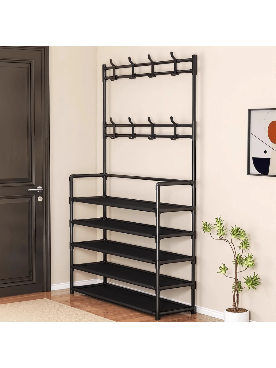 5-Tier Multifunctional Metal Shoe Rack - 8 Double Hooks & 10 Shoe ...