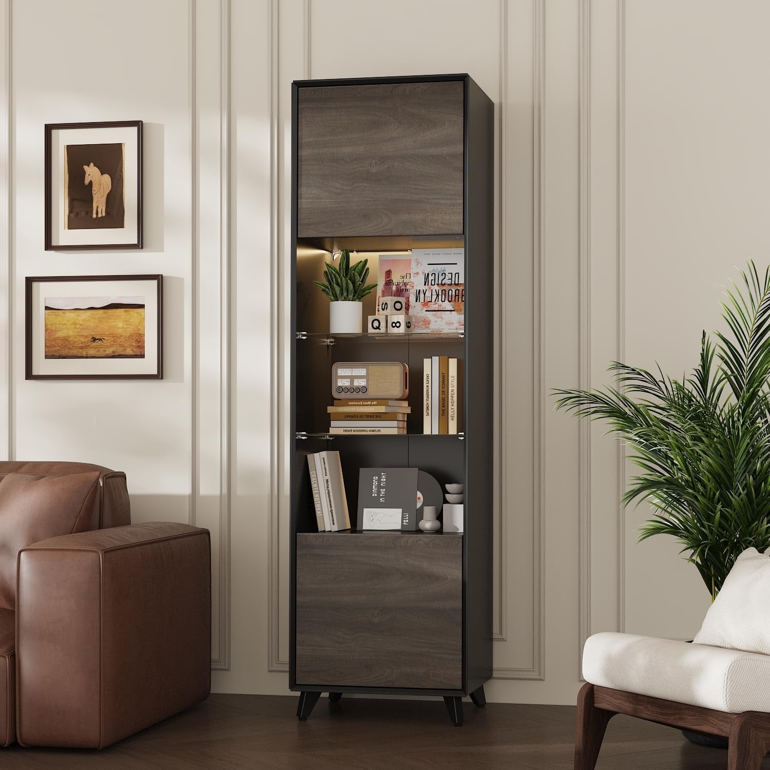 5-Tier Narrow Bookcase with Light 67" H Slim Office File Cabinet ...