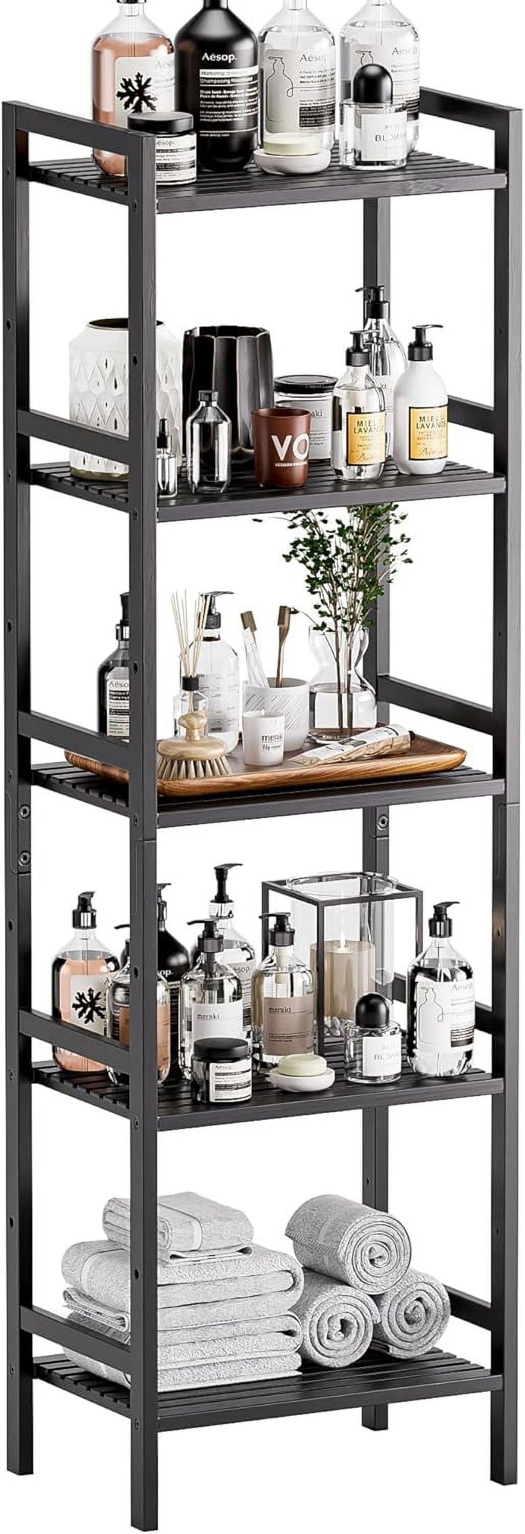 5 Tier Narrow Bookshelf, Bamboo Bookcase, Slim Tall Storage Rack Free ...