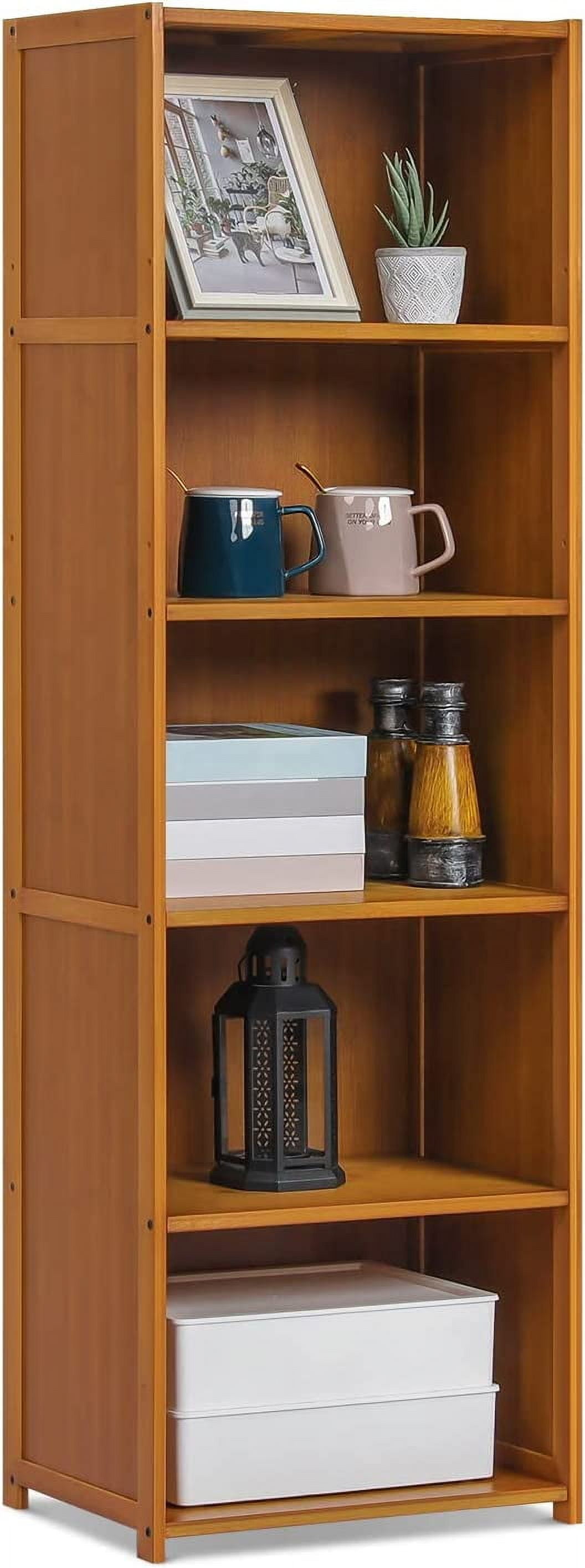 5 Tier Narrow Bookshelf, Bamboo Bookcase Tall Free-Standing Space ...