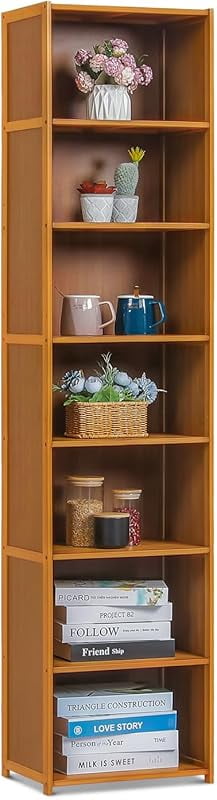 5 Tier Narrow Bookshelf, Bamboo Bookcase Tall Free-Standing Space ...