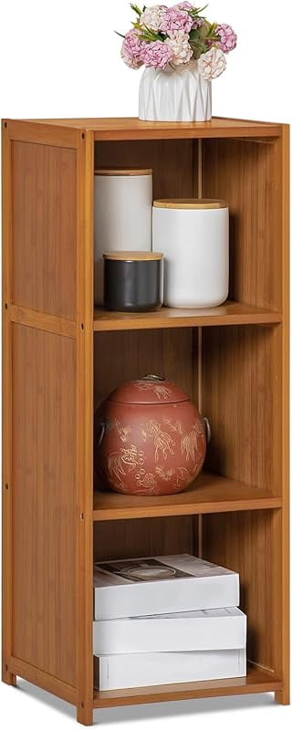 5 Tier Narrow Bookshelf, Bamboo Bookcase Tall Free-Standing Space ...