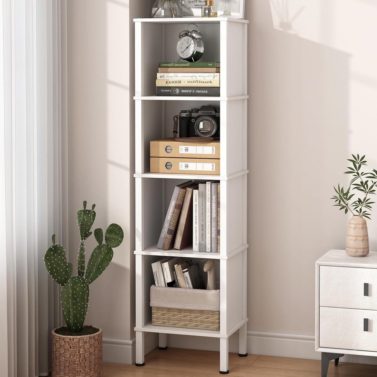 5 Tier Narrow Bookshelf, Wood 4 Cube Slim Bookcase, Skinny Open Display ...