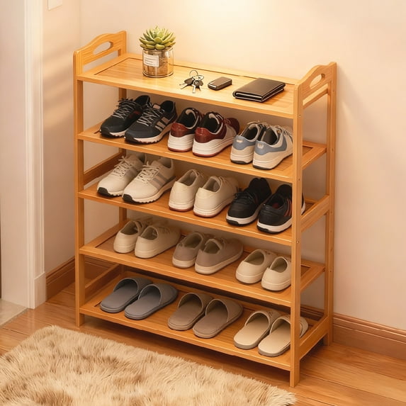 5 Tier Natural Bamboo Shoe Rack Eco Friendly 15 Pairs Capacity Slim ...