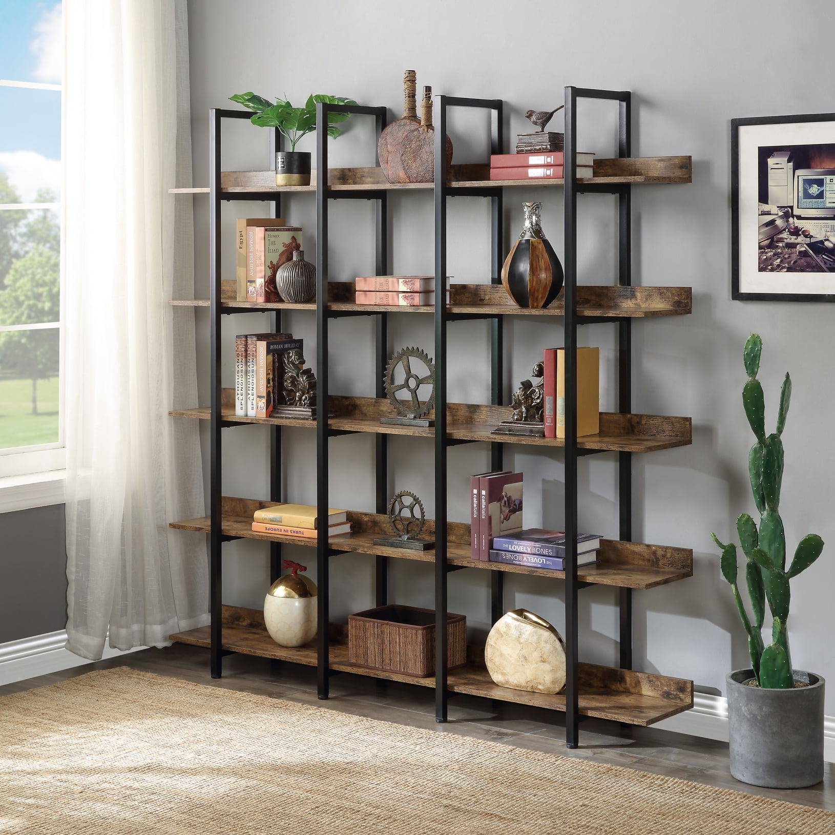 5 Tier Open Bookcase, Freestanding Bookshelf with Back Fence, Vintage ...