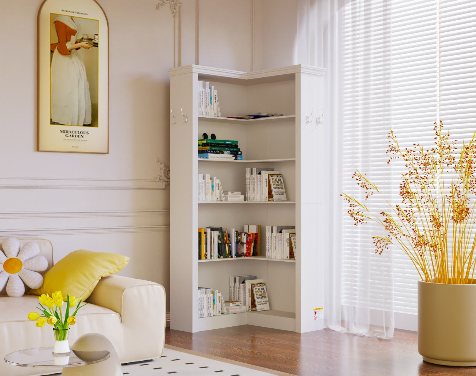 5 Tier Open Bookshelf with Anti-Dump Device, 73" Tall Wood Corner ...