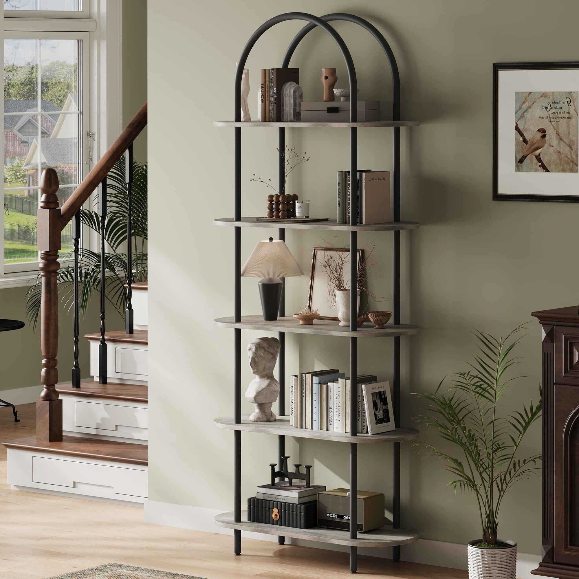 5 Tier Open Bookshelf Arched Display Racks Tall Bookshelf Freestanding ...
