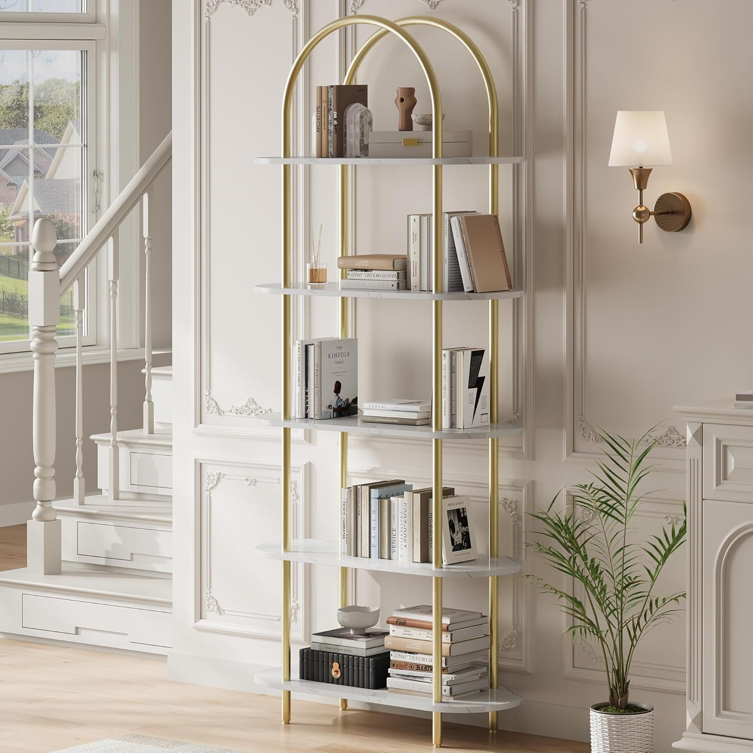 5 Tier Open Bookshelf Arched Display Racks Tall Bookshelf Freestanding ...