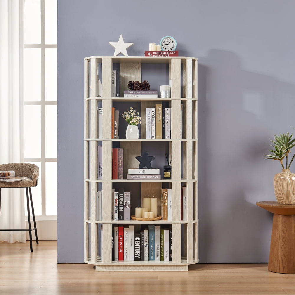 5-Tier Open Bookshelf, Oval Wooden MDF Grid Bookcase - Freestanding ...
