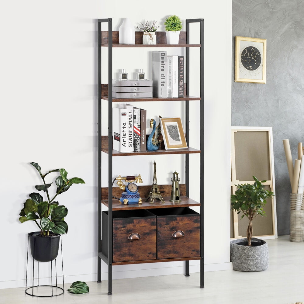 5-Tier Open Shelves Bookcase with 2 Drawers Sturdy Bookshelf for Living ...