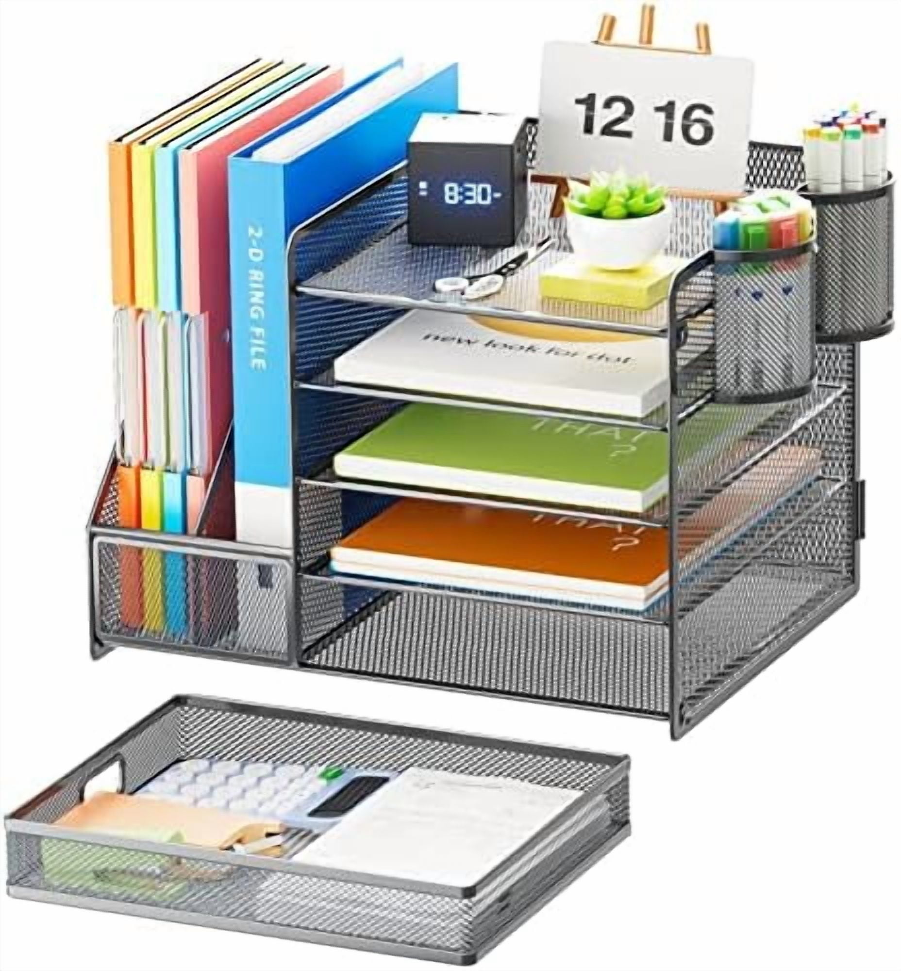 5-Tier Paper Letter Tray Organizer with Drawer and Pen Holder, Mesh ...