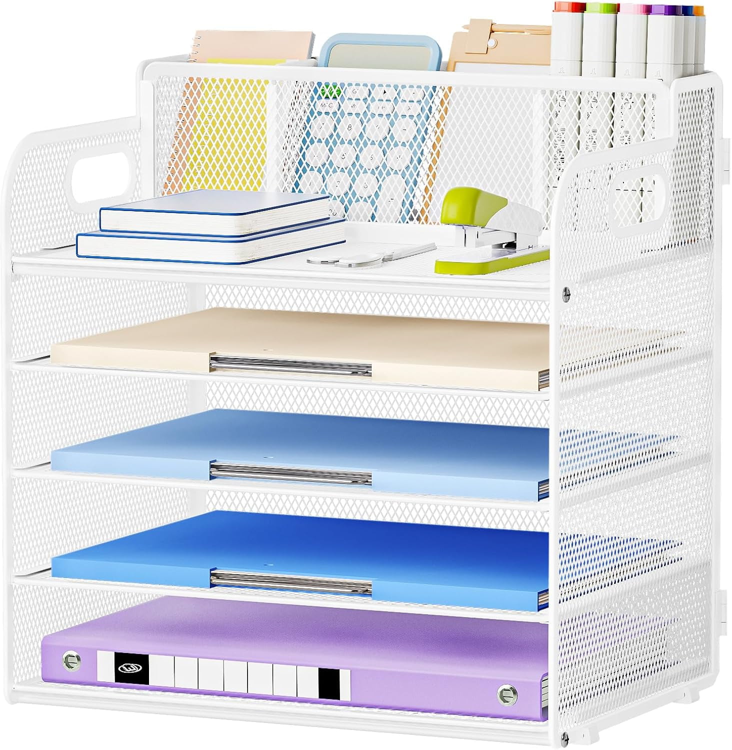 5-Tier Paper Organizer with Pen Holders, Mesh Desk File Sorter with ...