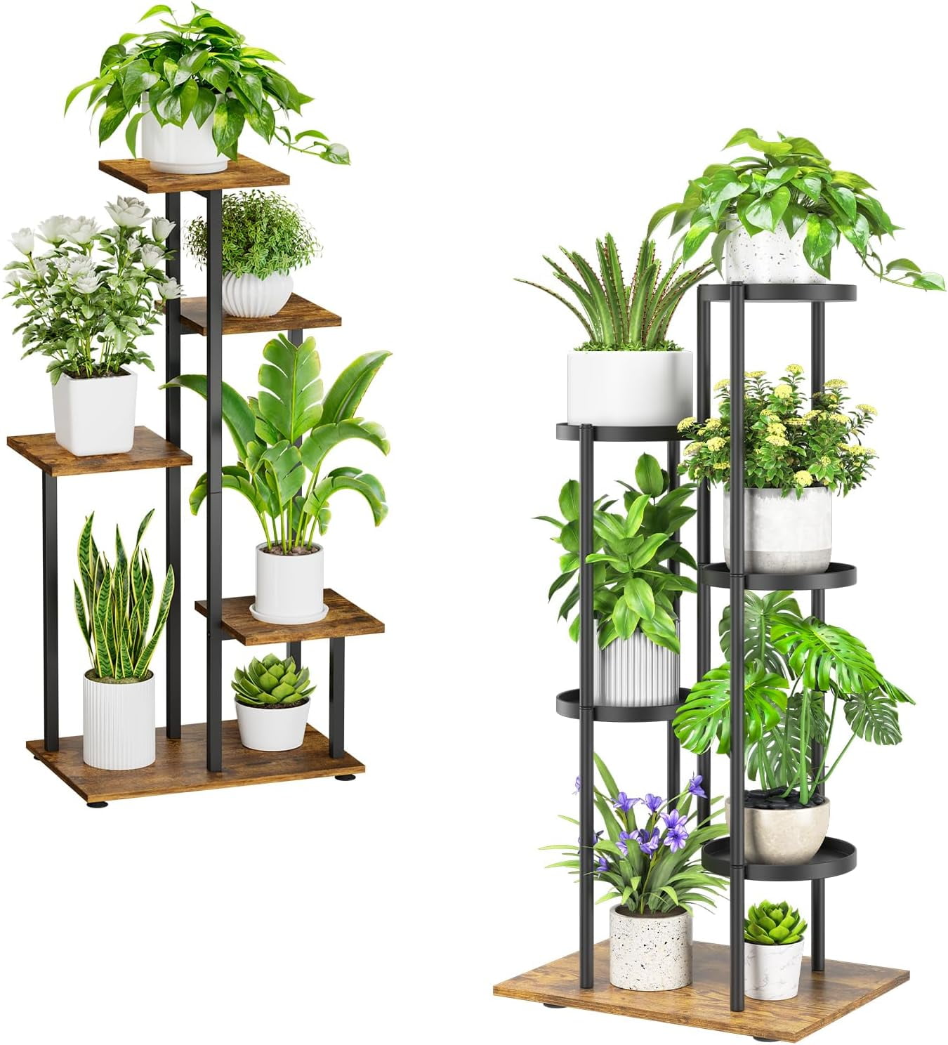 5 Tier Plant Stand for Indoor Outdoor Set of 2, Metal Wood Flower Pot ...