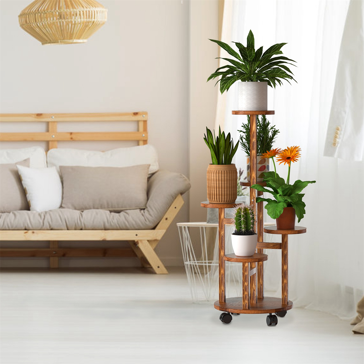 5 Tier Plant Stand with 4 Detachable Wheels Wooden Plant Pot Rolling ...