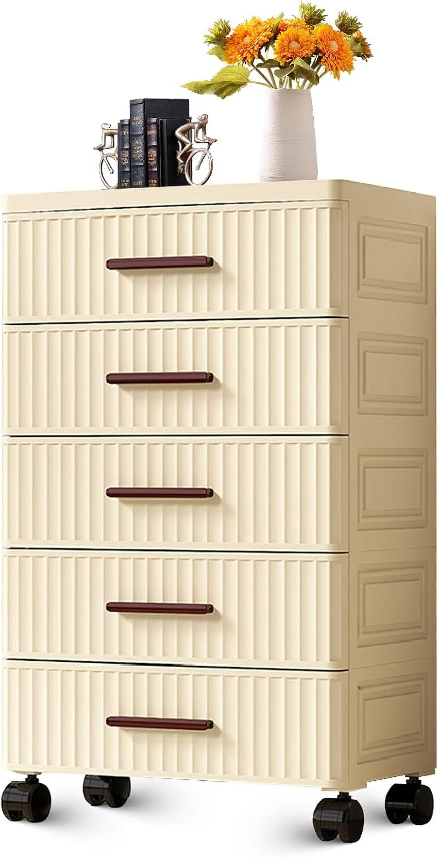 5-Tier Plastic Drawer Storage on Wheels Tall Dresser Storage Chest ...