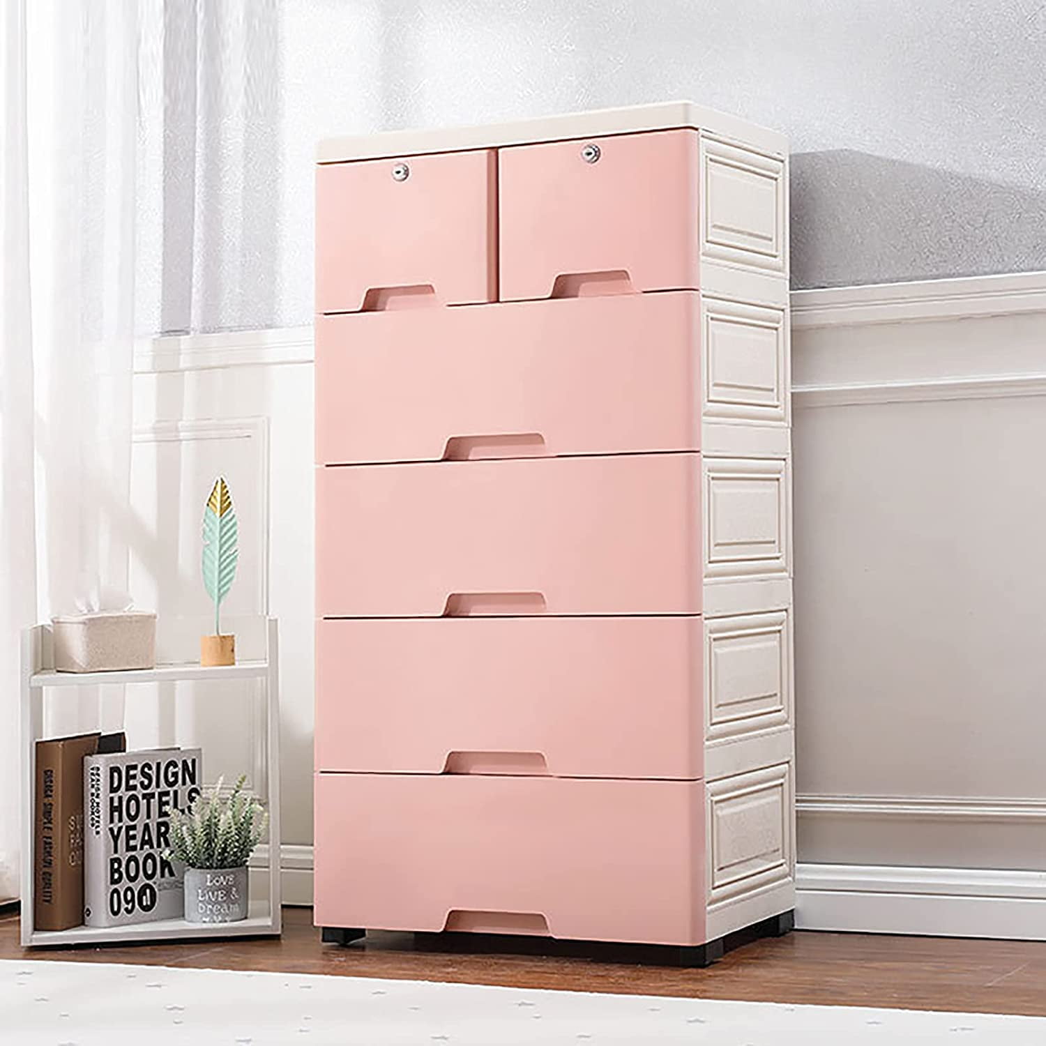 5-Tier Plastic Drawers Dresser with Lock, Storage Dresser with 6 ...