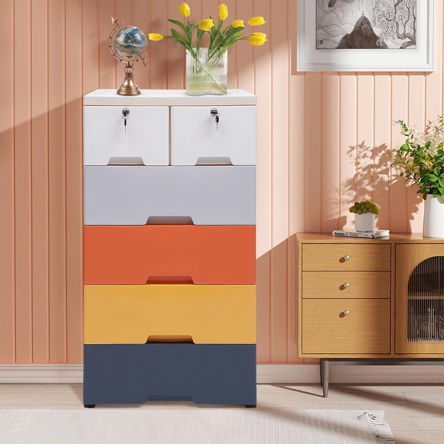 5-Tier Plastic Drawers Dresser with Lock, Storage Dresser with 6 ...